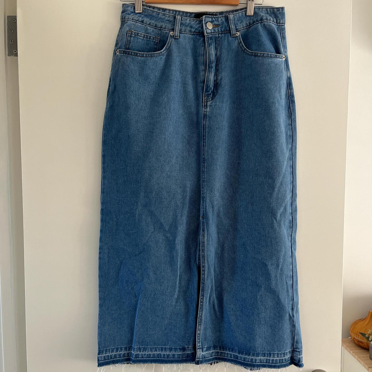 Dotti Blue Denim Midi Skirt with front split Worn... - Depop