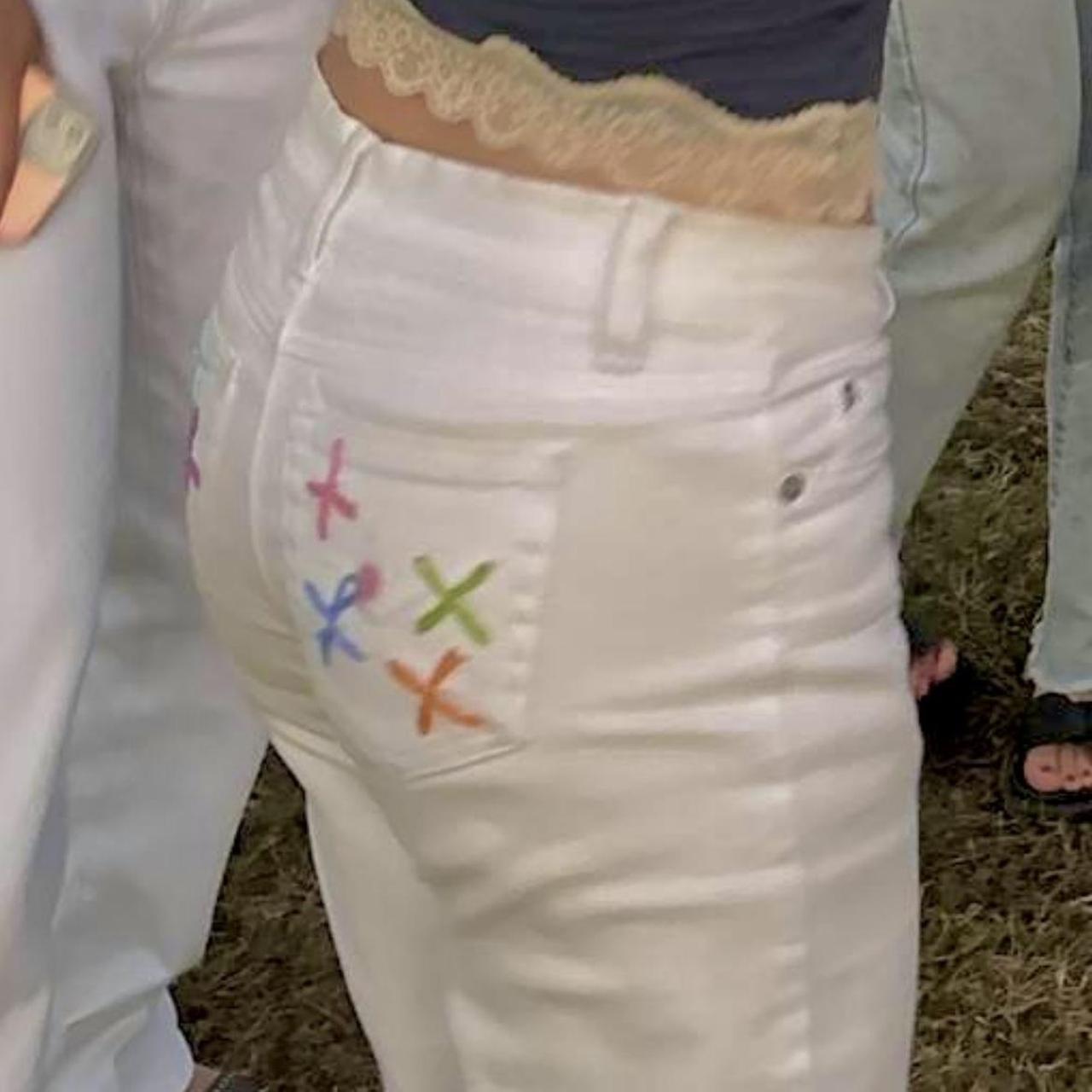 white low rise jeans with stitching on pockets will... - Depop