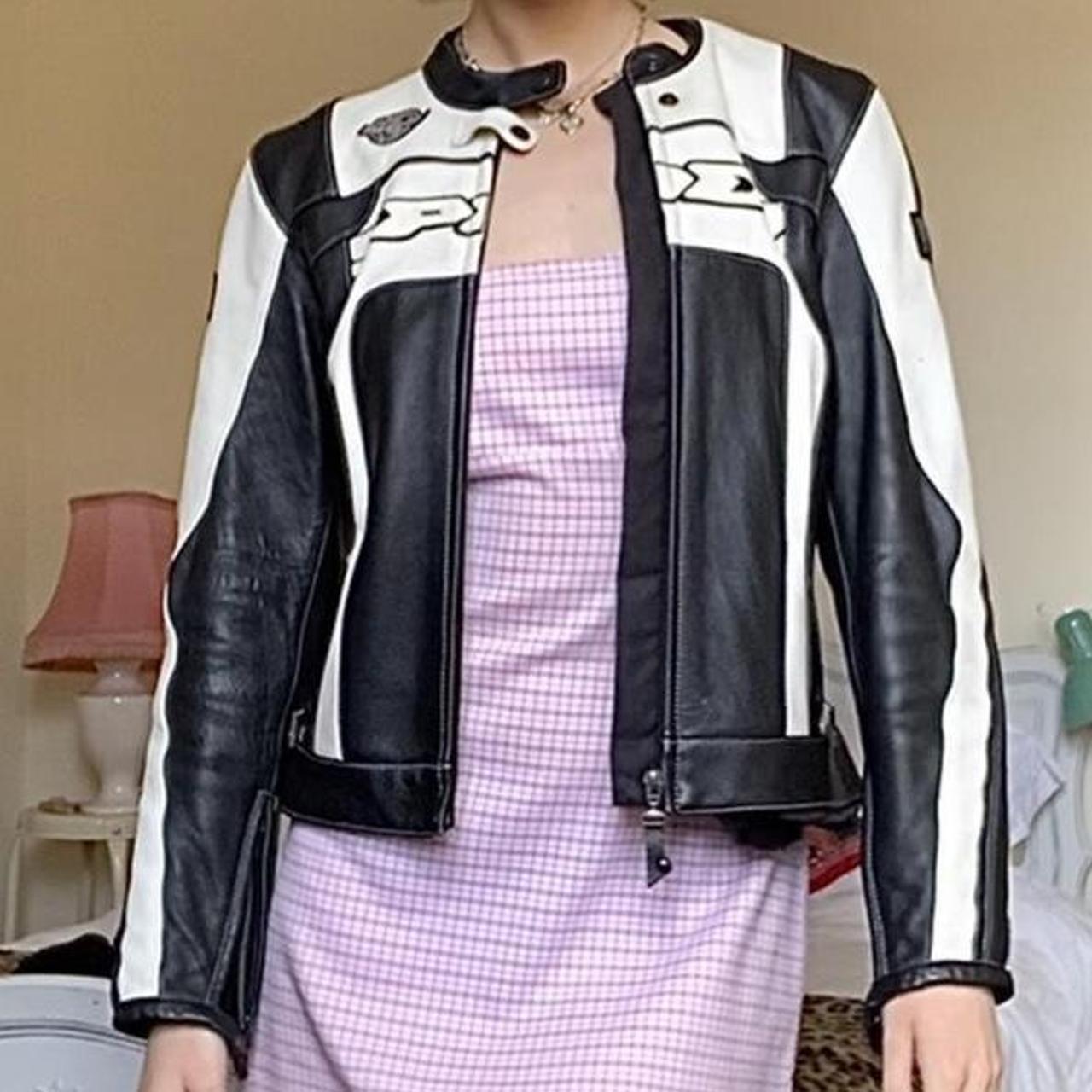 Black and white leather racing motor biker jacket... - Depop