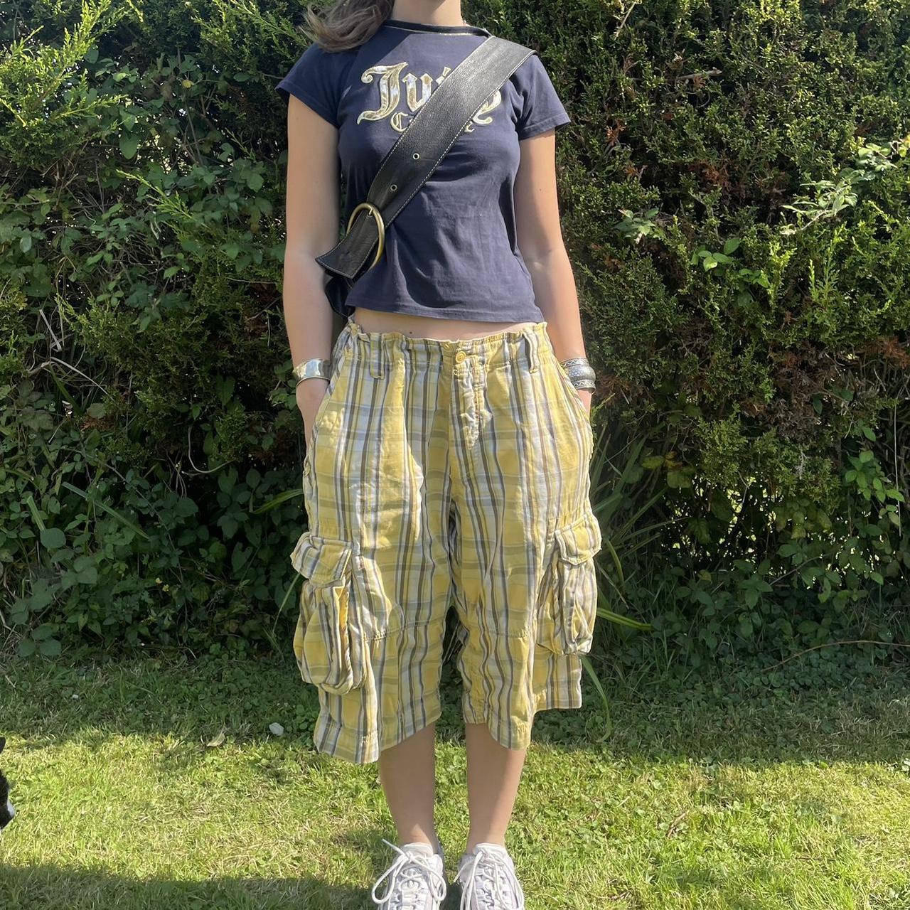Yellow and white checkered cargo jorts Modelled on... - Depop