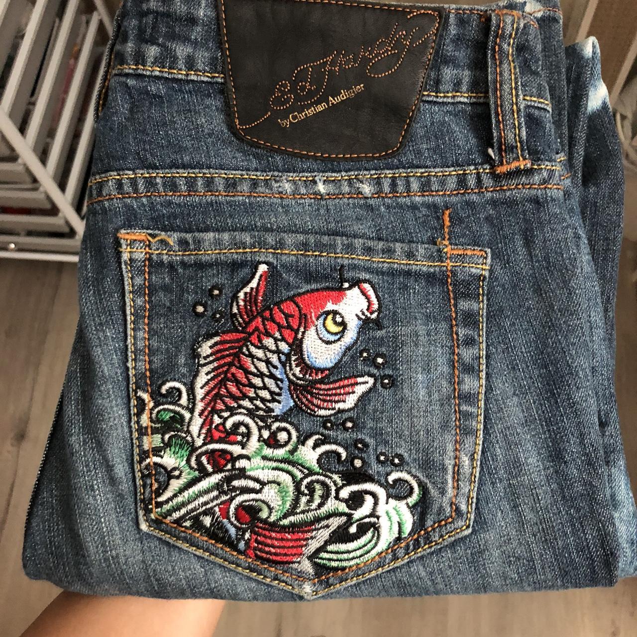 Ed Hardy koi fish low rise jeans 14” waist 32”... - Depop