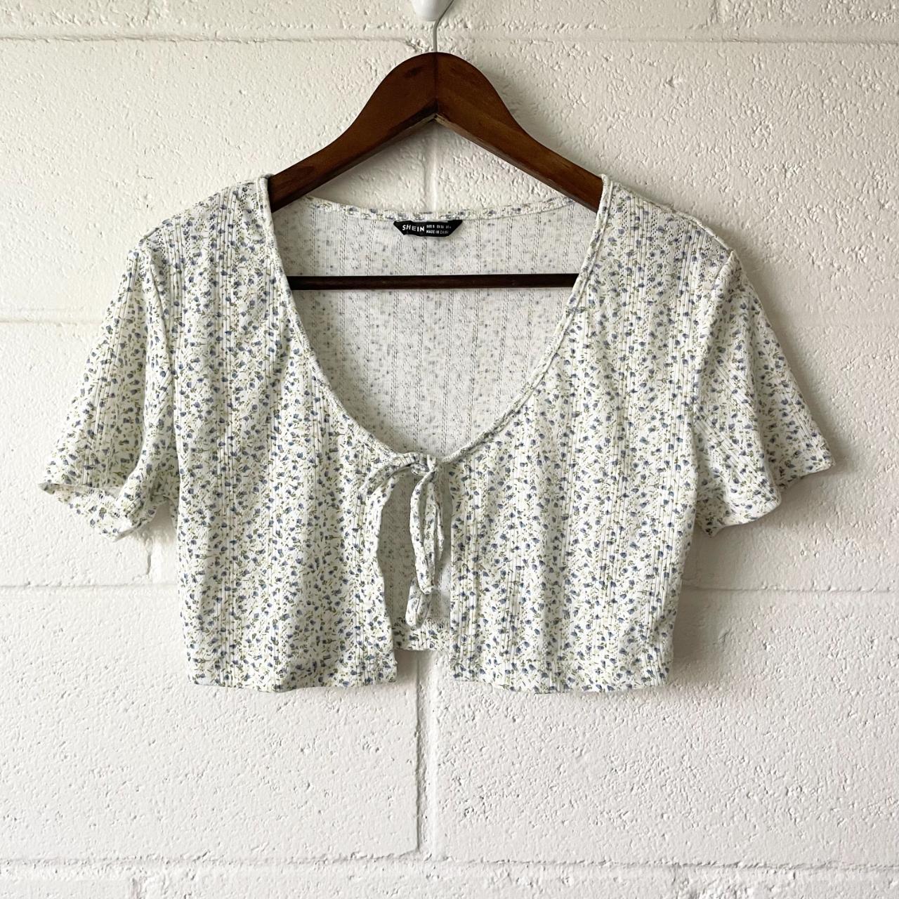 - Shein Floral Cottagecore Short Sleeve Front Tie... - Depop