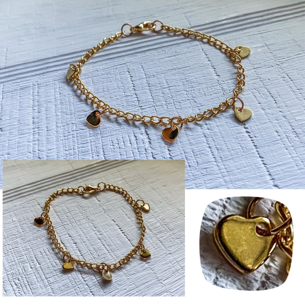 Handcrafted yellow gold chain heart charm bracelet... - Depop