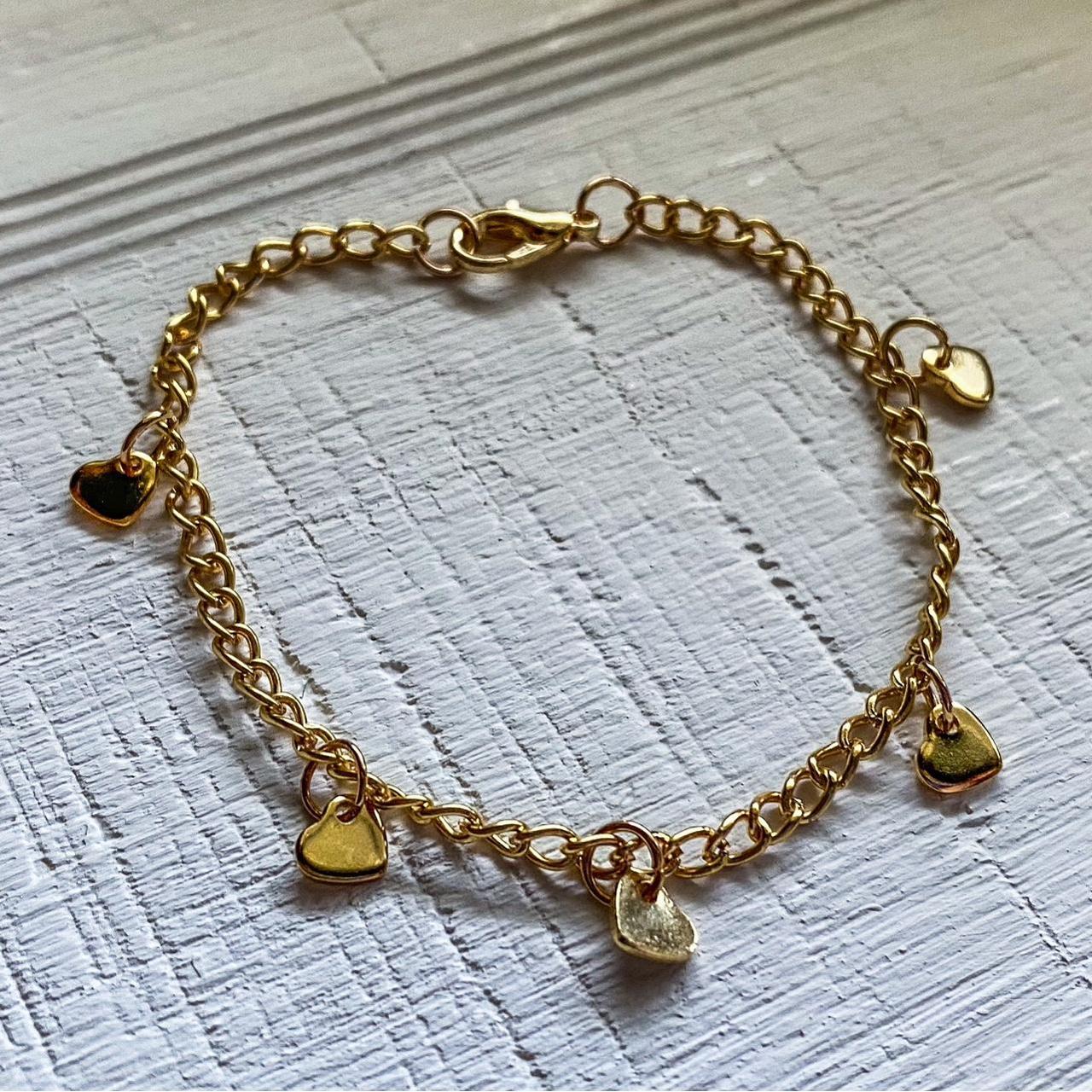 Handcrafted yellow gold chain heart charm bracelet... - Depop
