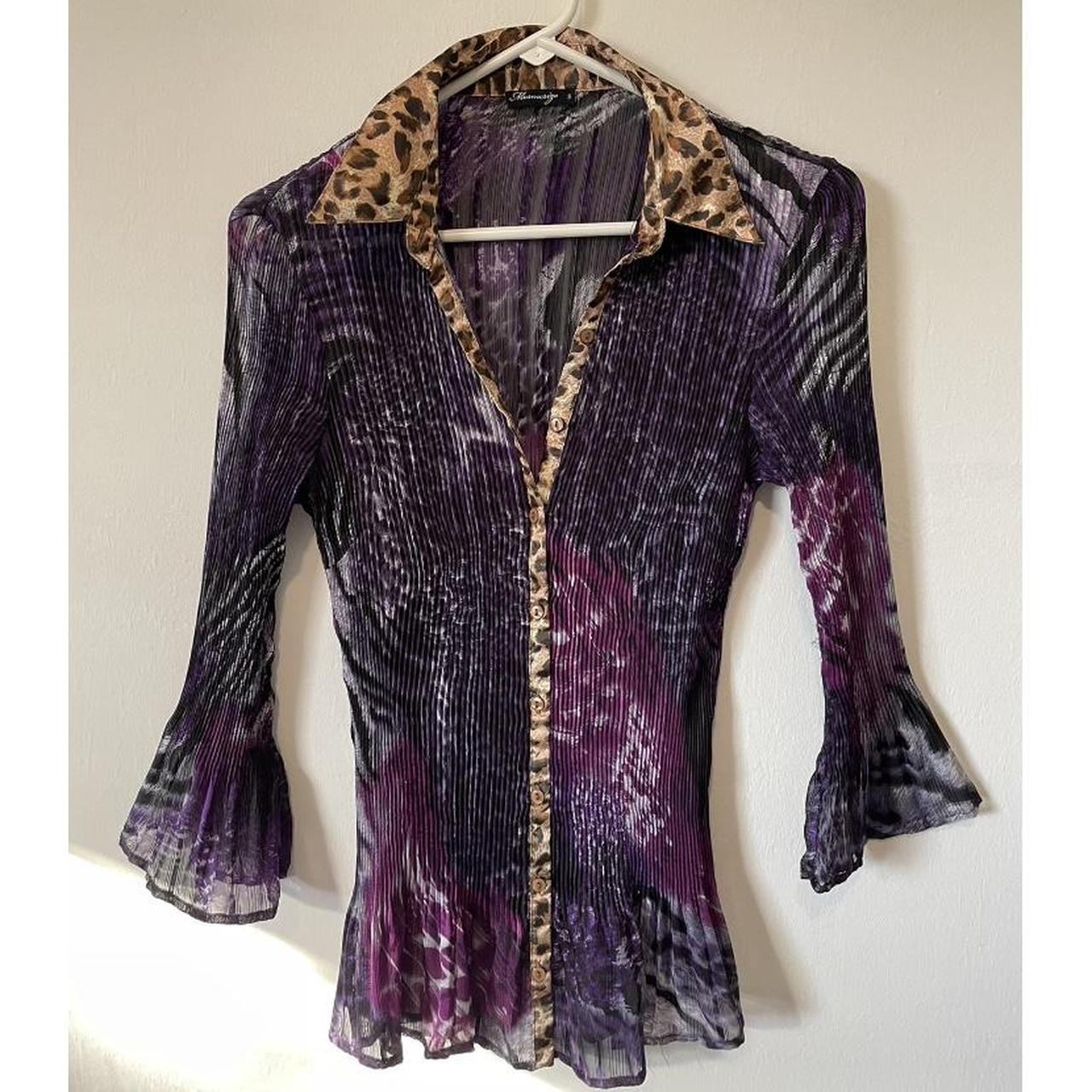 beautiful purple and leopard print button up blouse.... - Depop