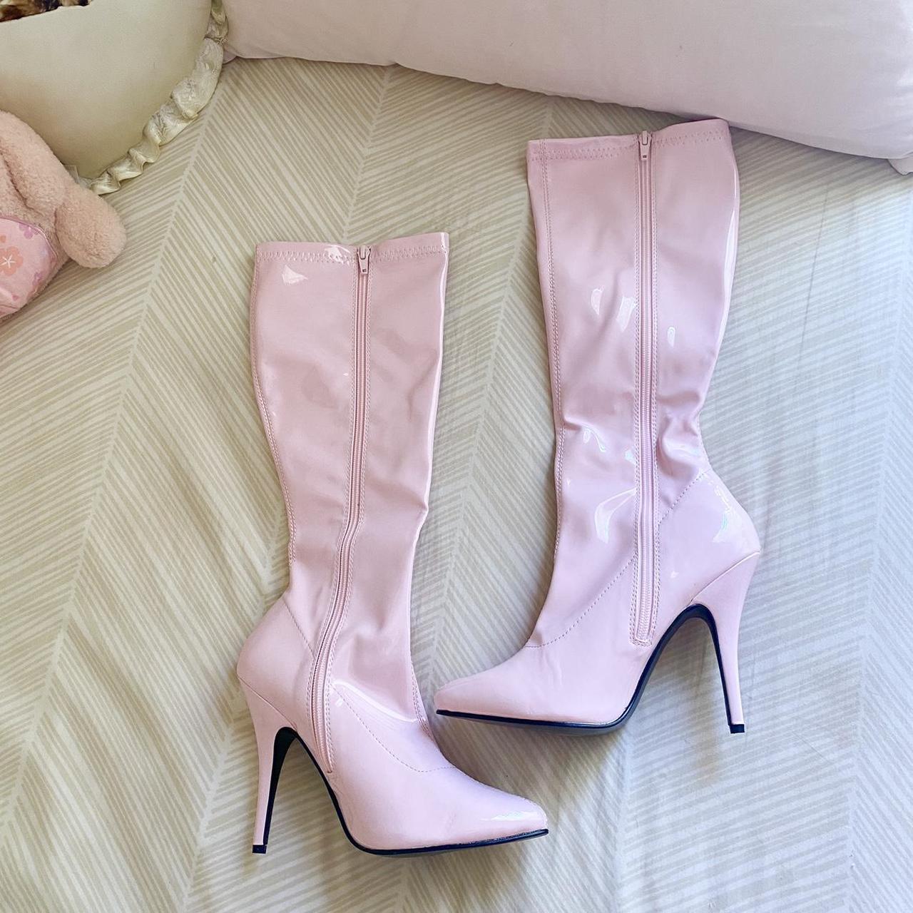 Gorgeous pink knee high heel/boots, so cute but they... - Depop