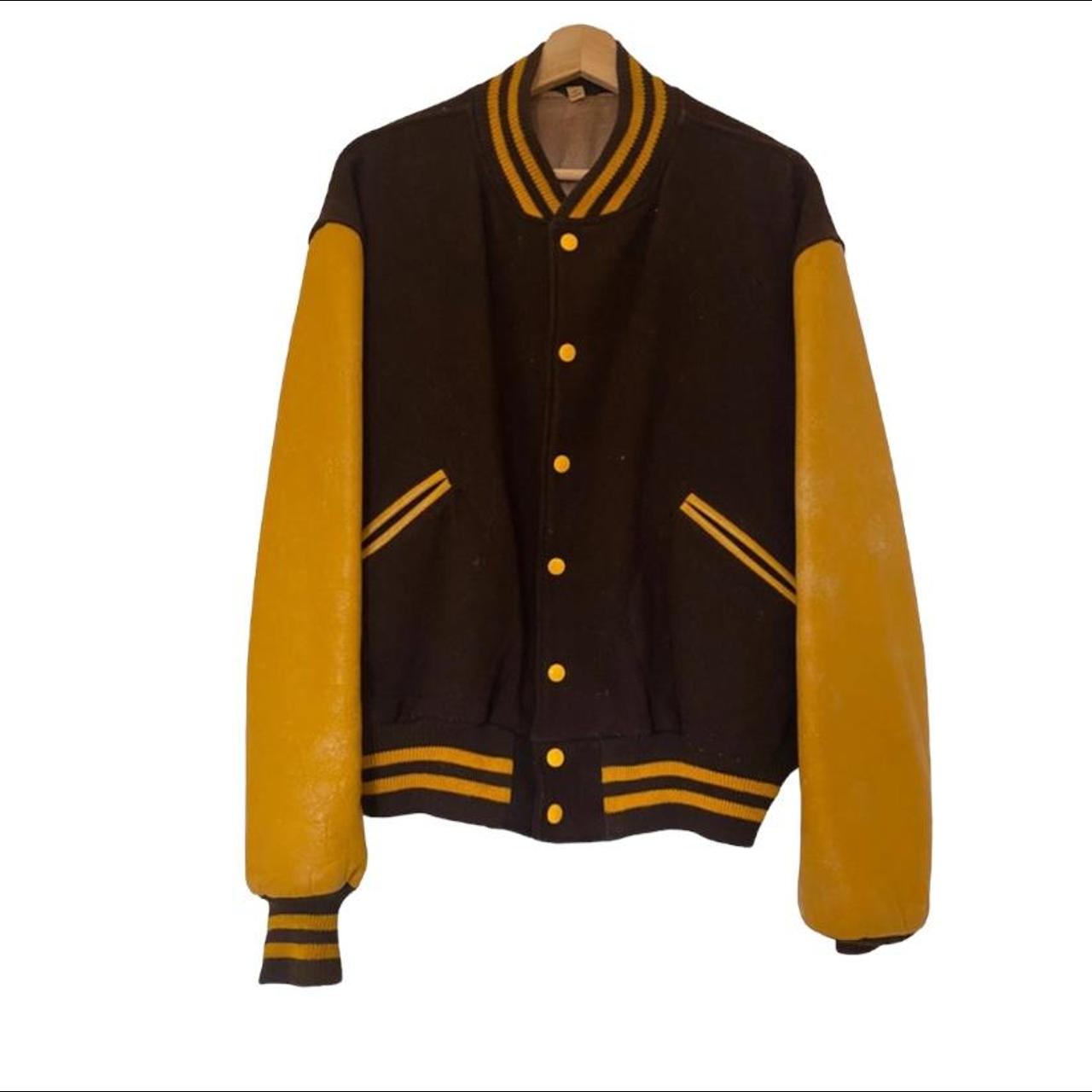 Brown and yellow baseball jacket, brown tweed like... - Depop