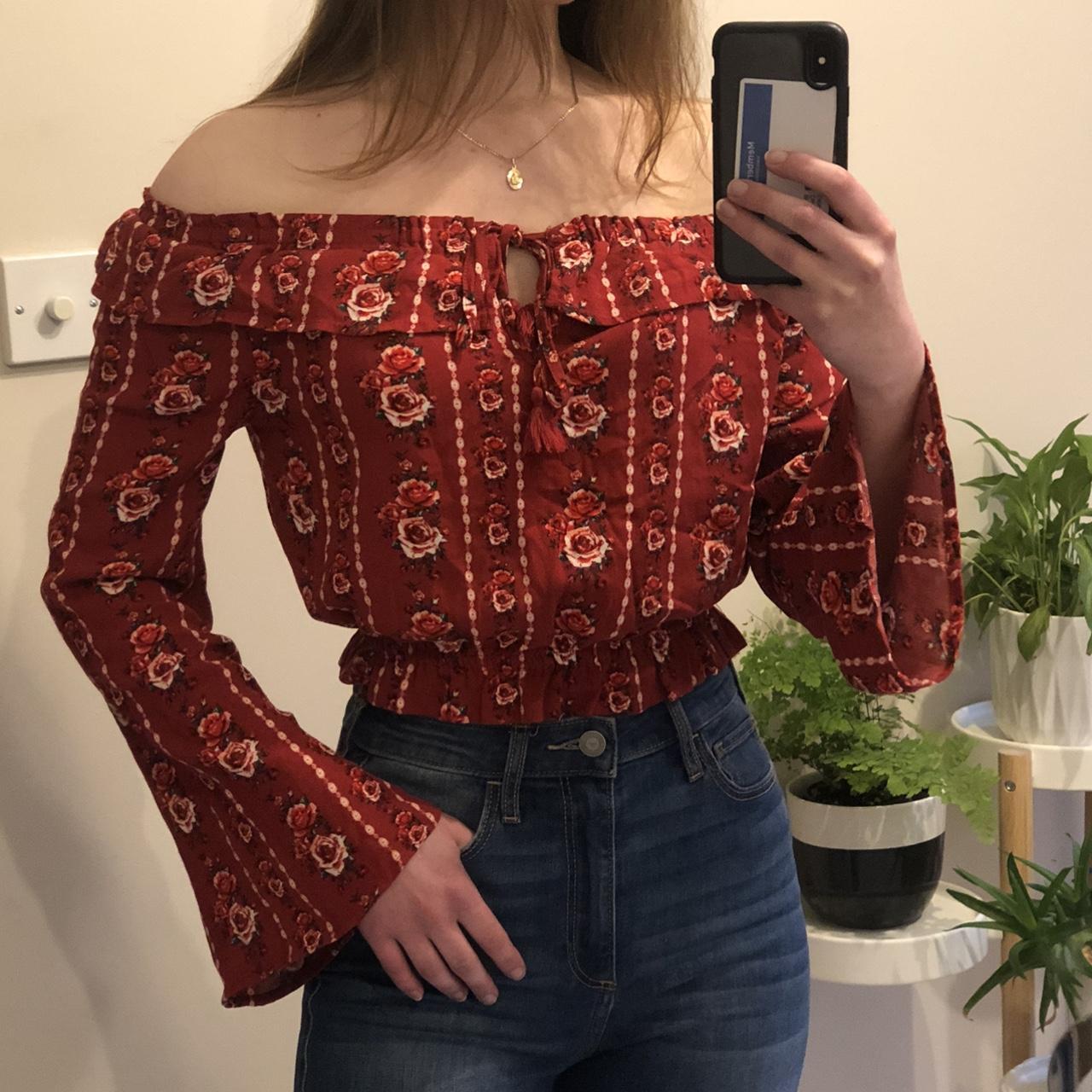 Red off the shoulder floral pattern crop top with... - Depop
