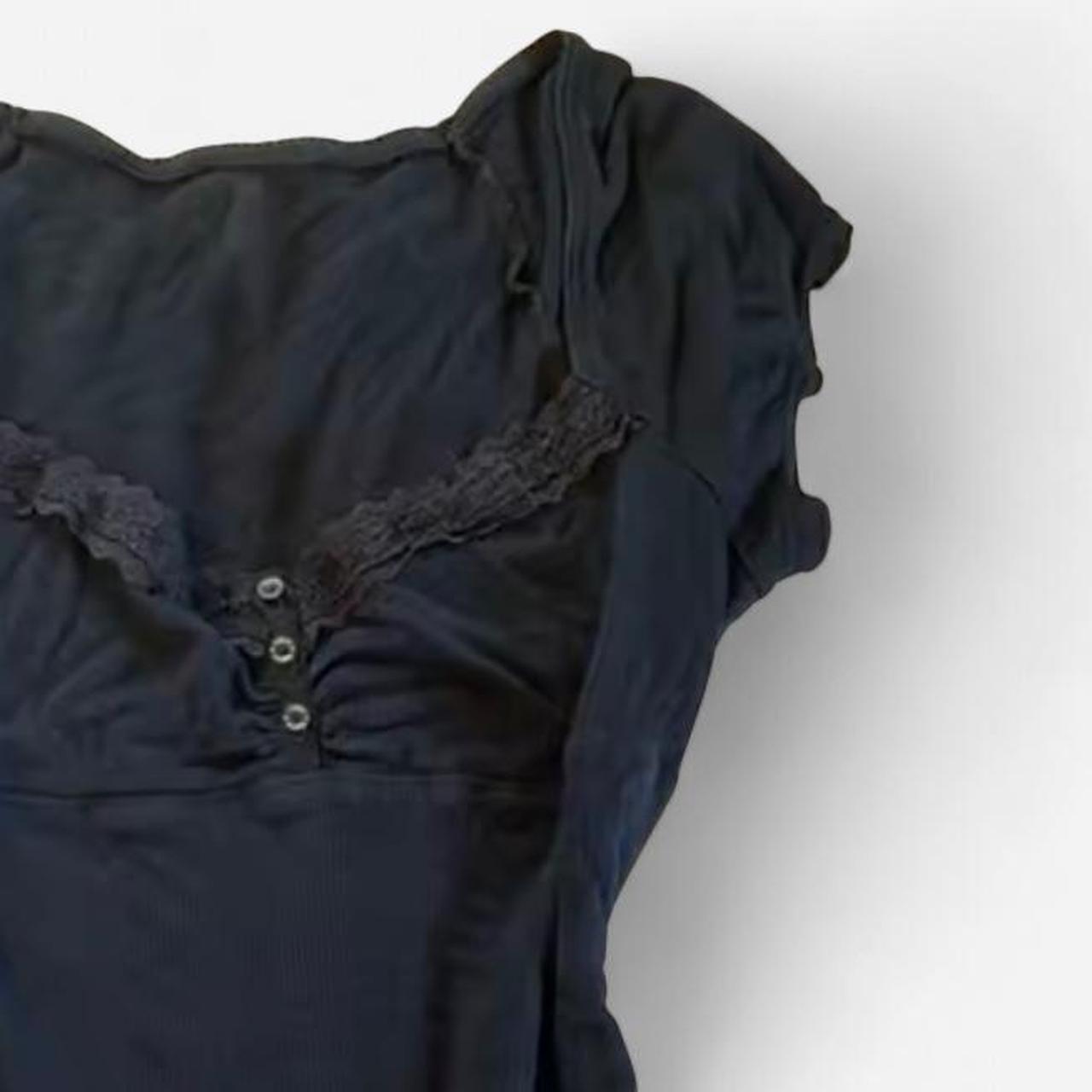 Black Ribbed Lace-Trim Short Sleeve Top features a... | Depop