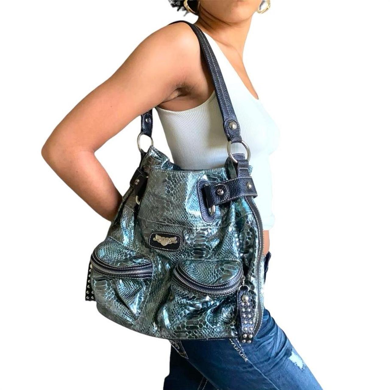 blue-silver metallic y2k shoulder bag crocodile... - Depop