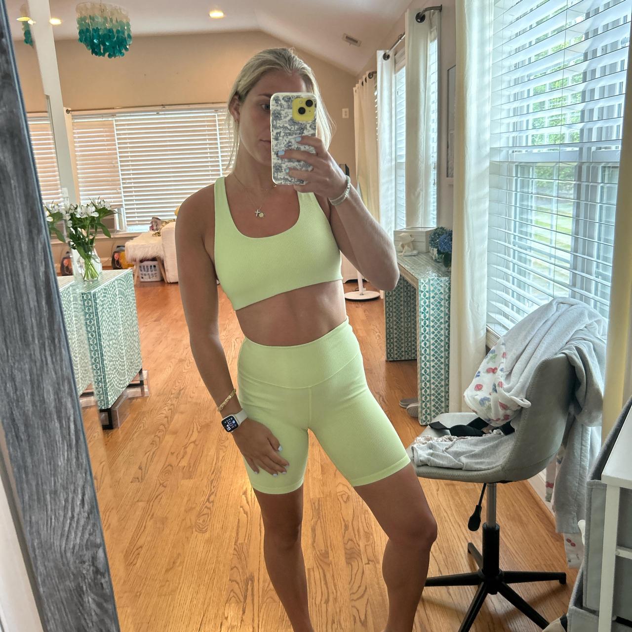 Aerie light yellow/ lime green workout set Xs top... | Depop