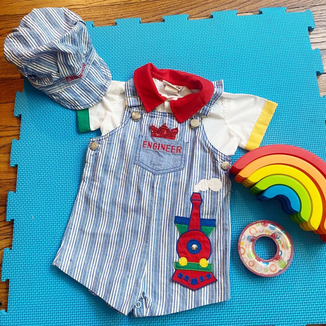 Vintage Primary color Engineer baby over all outfit... - Depop