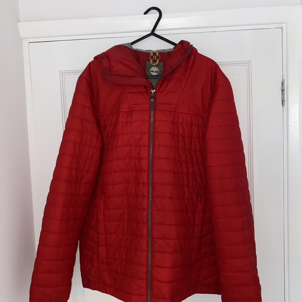 Red Timberland Jacket. Minor flaw on hood as pictured. - Depop