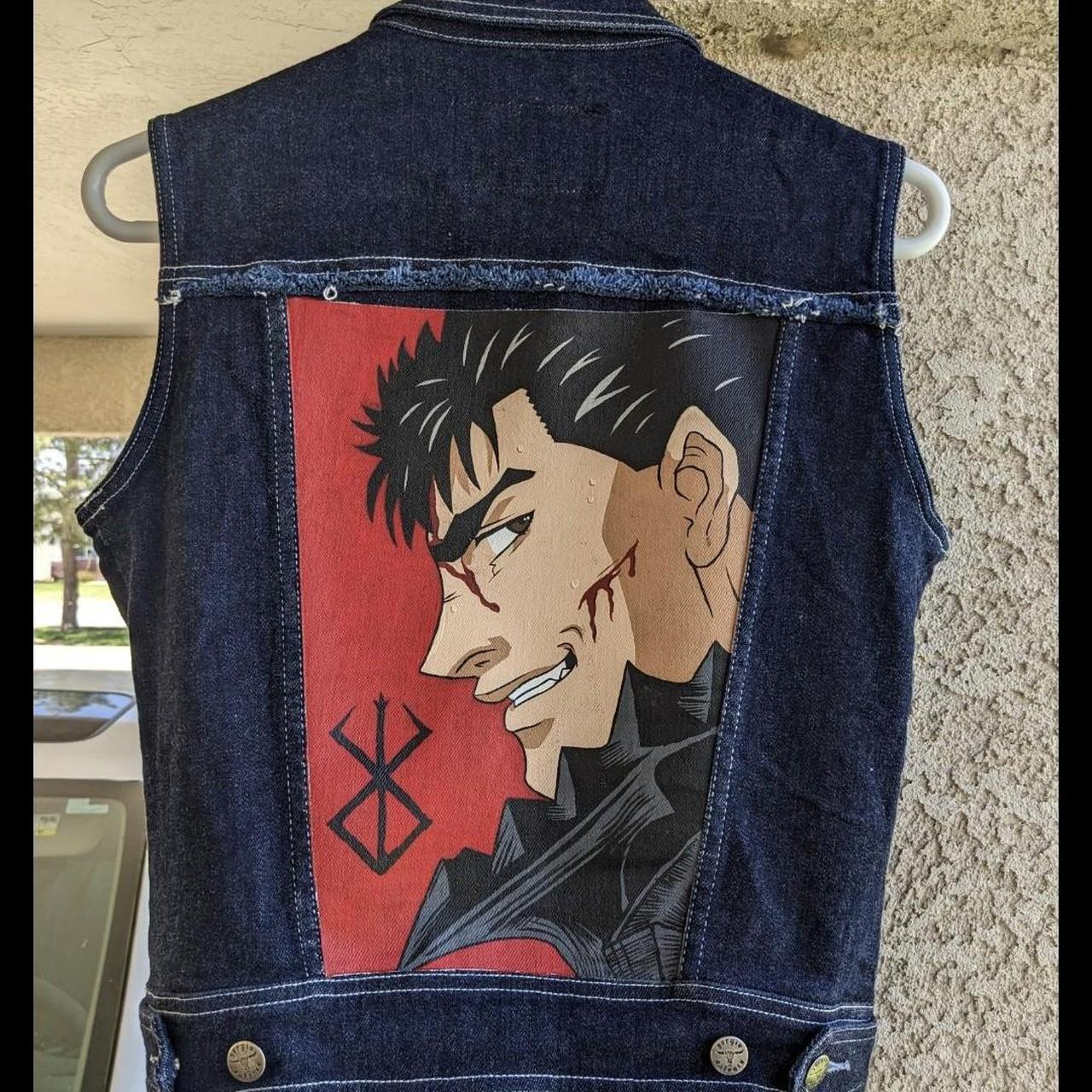 Hand painted denim Jean vest berserk anime... - Depop