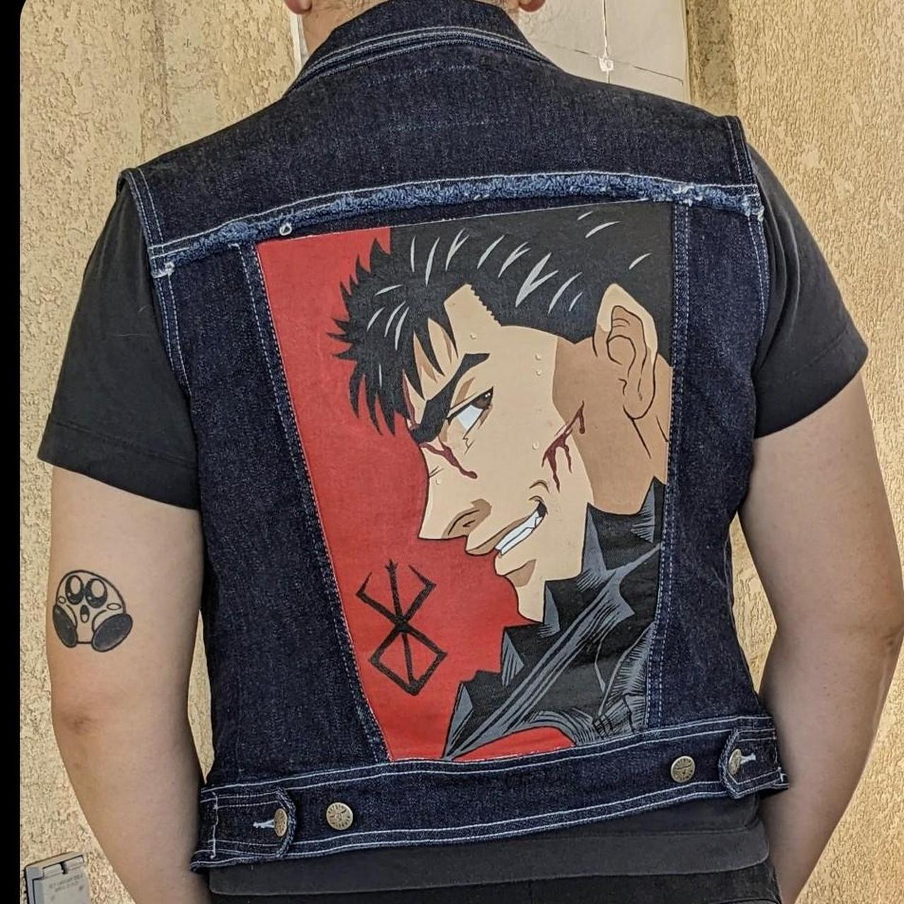 Hand painted denim Jean vest berserk anime... - Depop