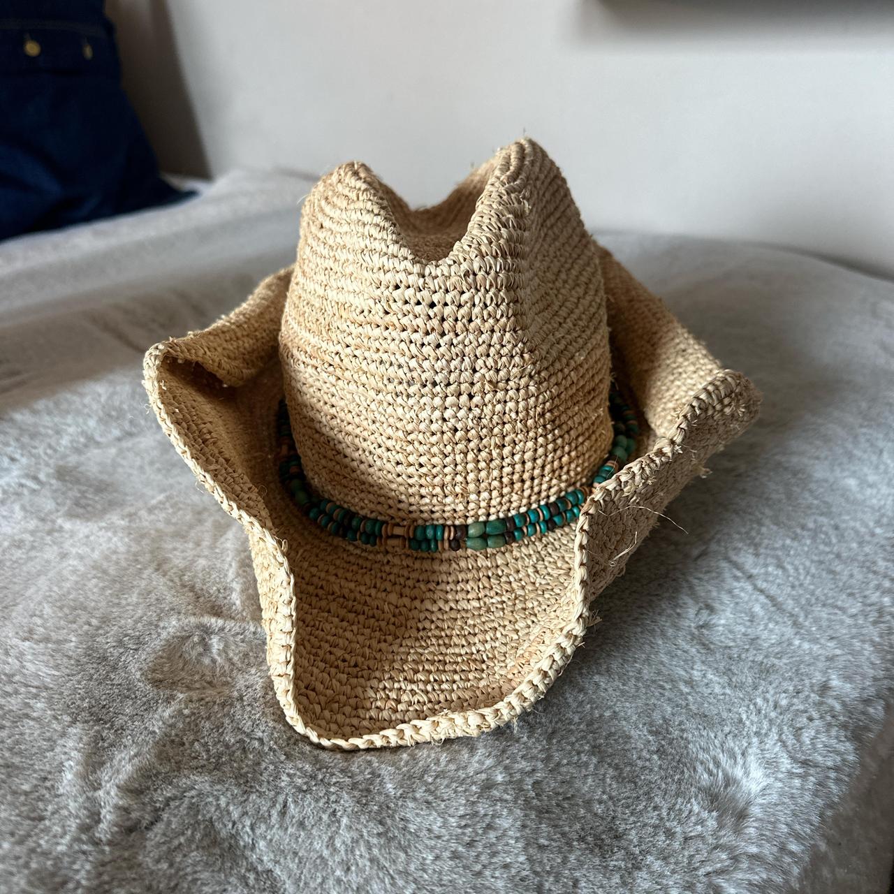 Tan and cream straw hat with turquoise bead detail... - Depop