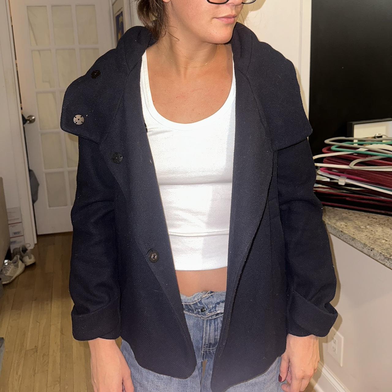 ZARA Navy blue wool pea coat with a hood, lined,... - Depop