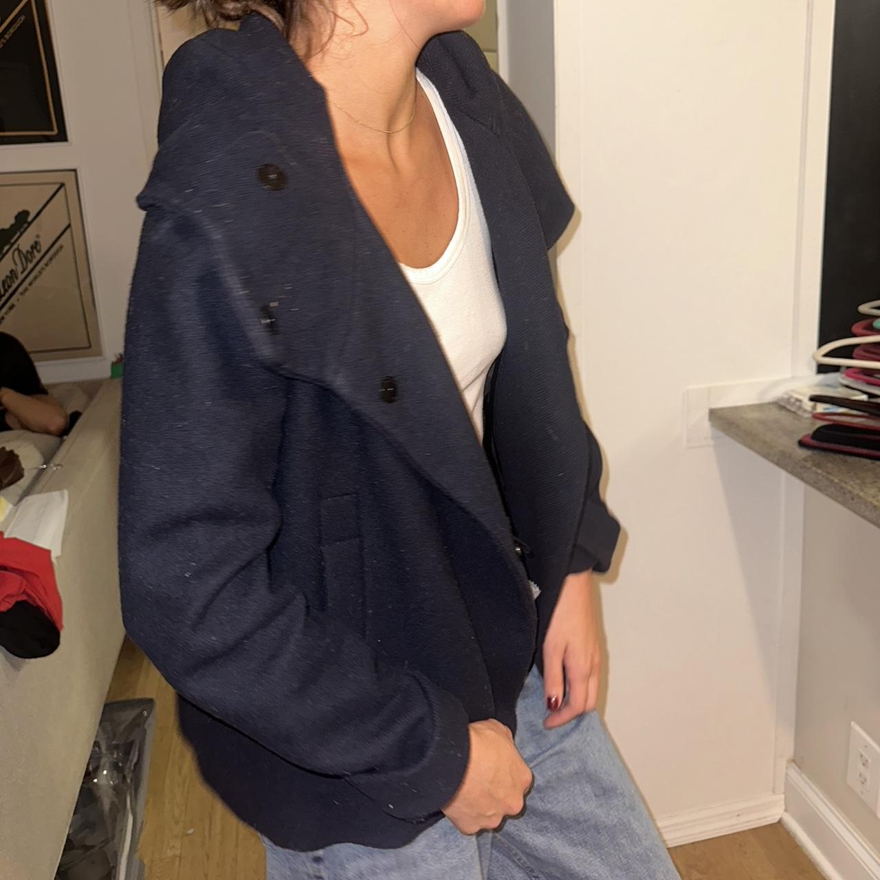 ZARA Navy blue wool pea coat with a hood, lined,... - Depop