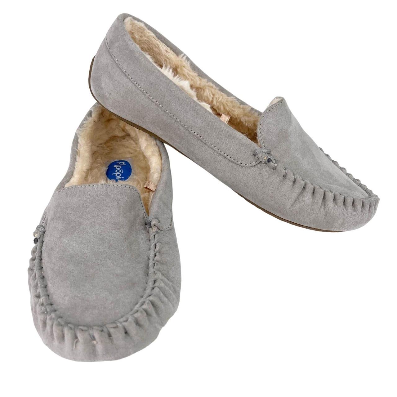 Floopi Lily Moccasin Faux Suede Slippers Gray... - Depop