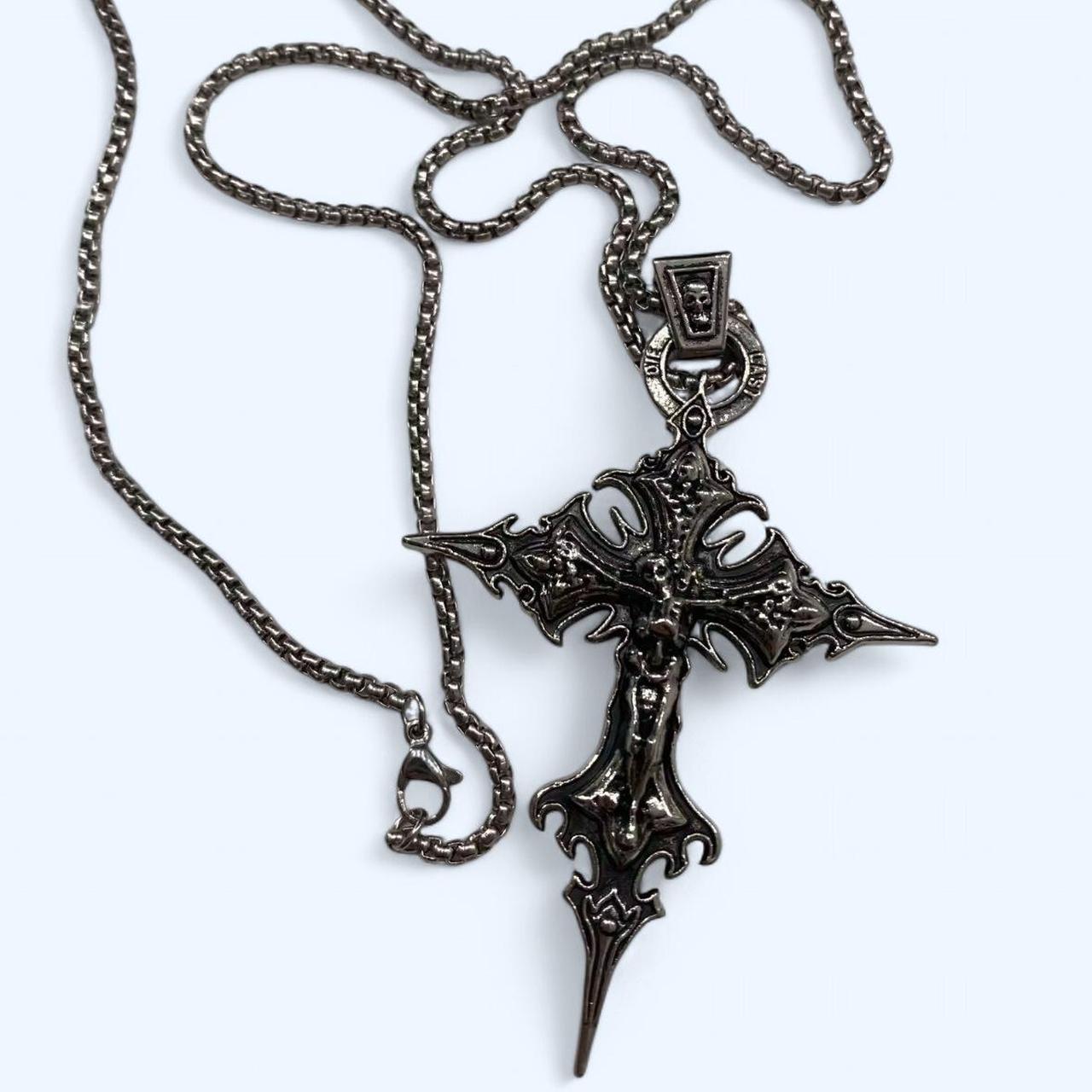 y2k futuristic goth silver cross design... | Depop