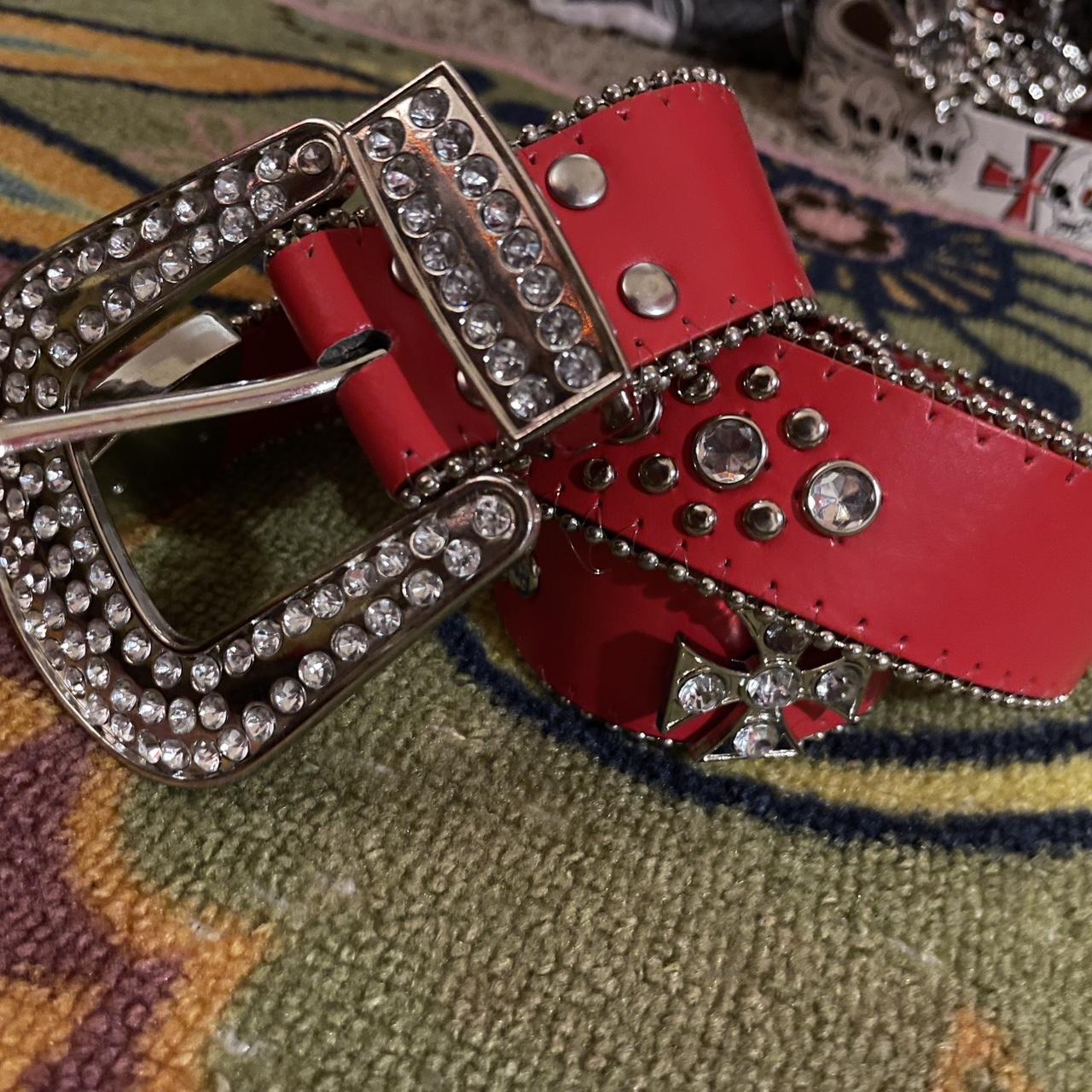 rhinestone red belt/ fake leather / leather is worn... - Depop