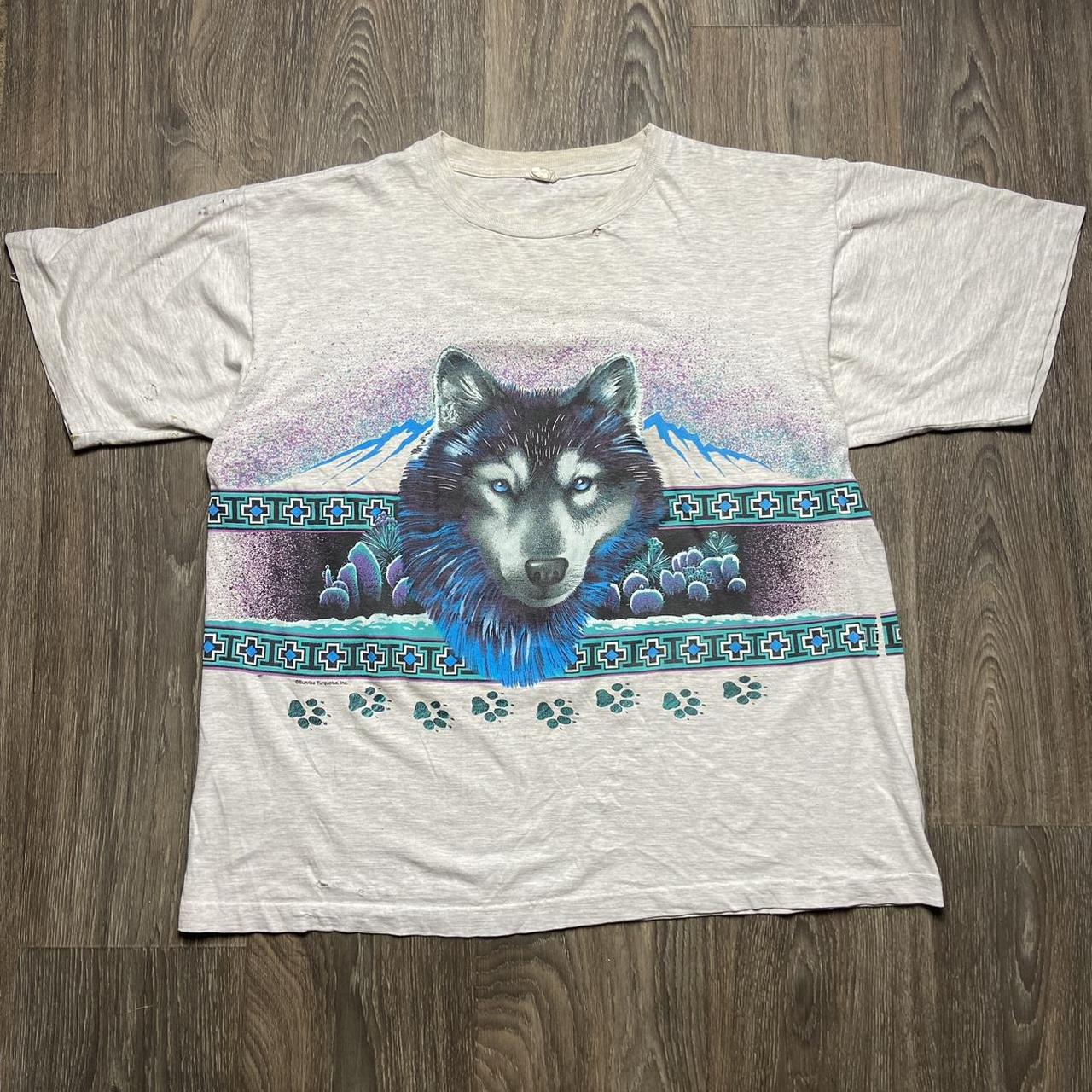 Vintage 90’s wolf aop tee W 24.5" L 29" Has some... - Depop