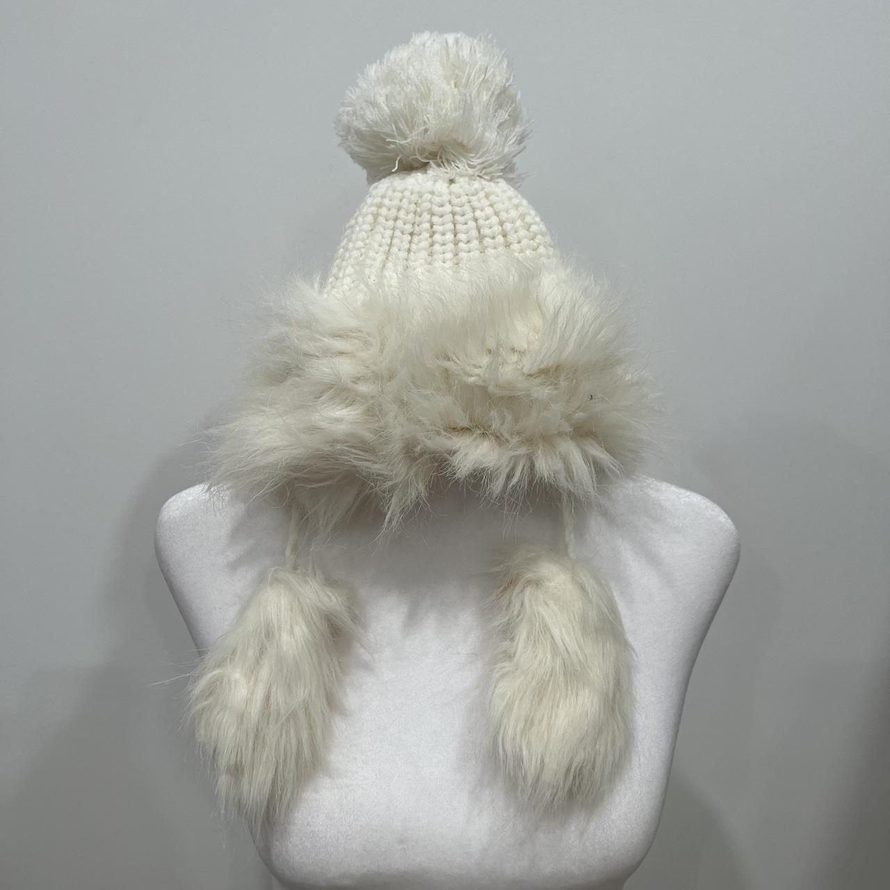 fuzzy knit hat with pom pom and faux fur has small... - Depop