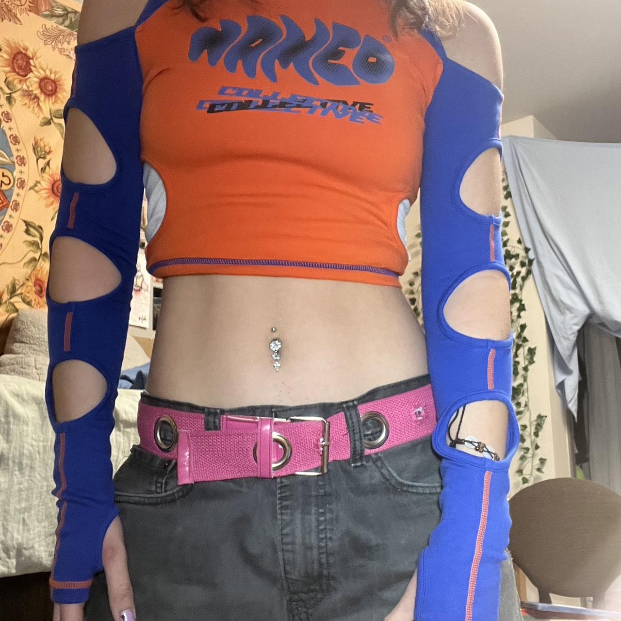 Named Collective Women's Orange and Blue Crop-top | Depop