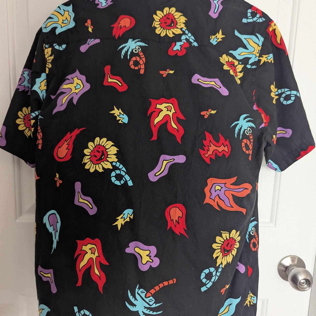 black and multi-coloured button up shirt with bold... | Depop