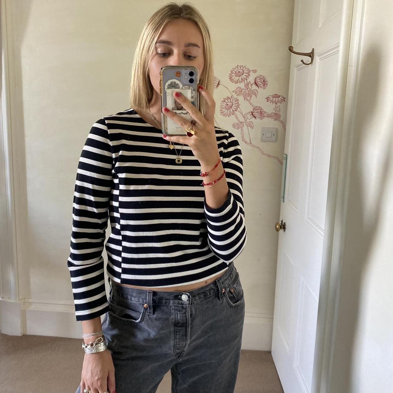 Cute black and white COS striped top. Zip up back... - Depop