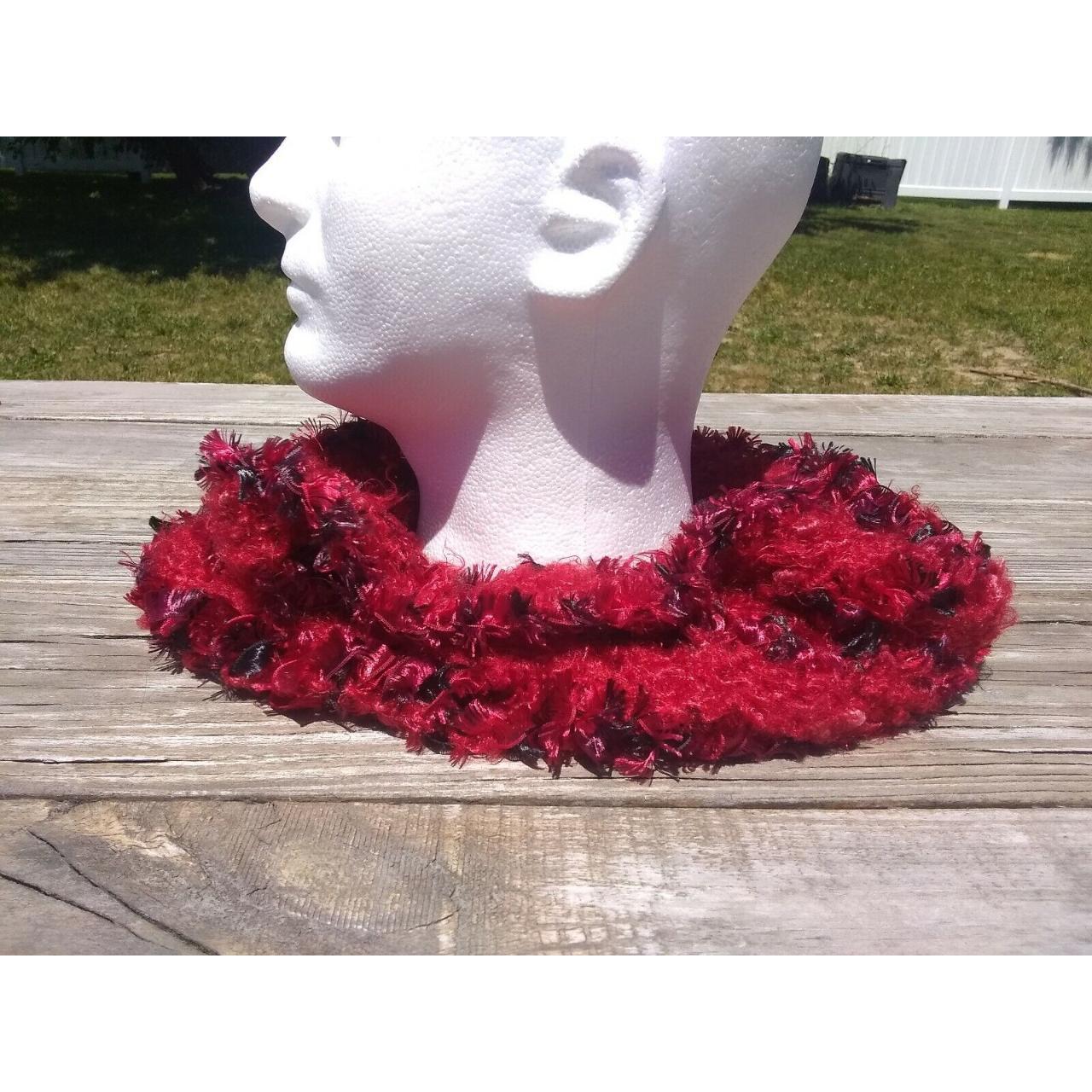 Red Feather Boa Cowl Handmade Knit Infinity Scarf... - Depop