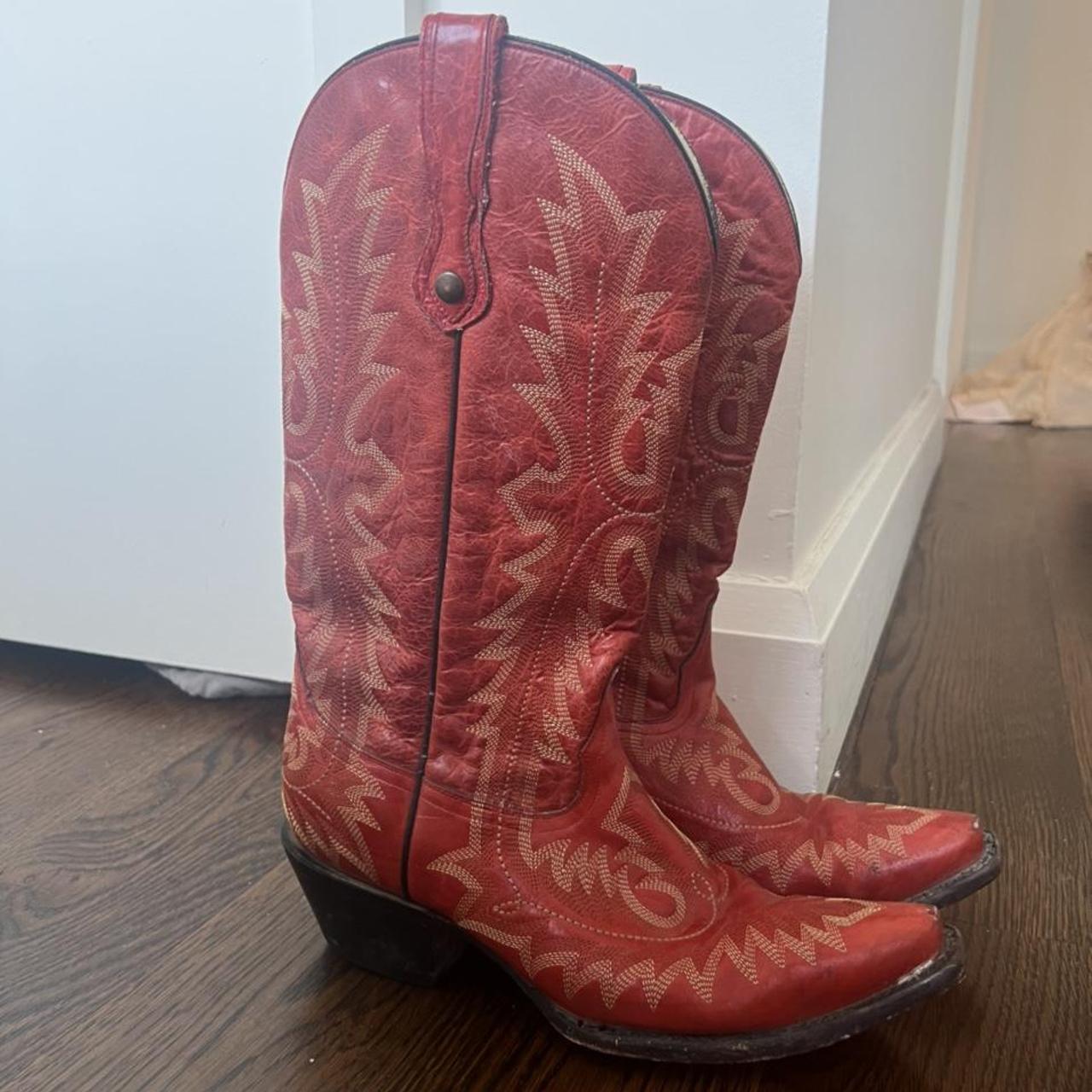 Vintage red leather cowboy boots with white... - Depop