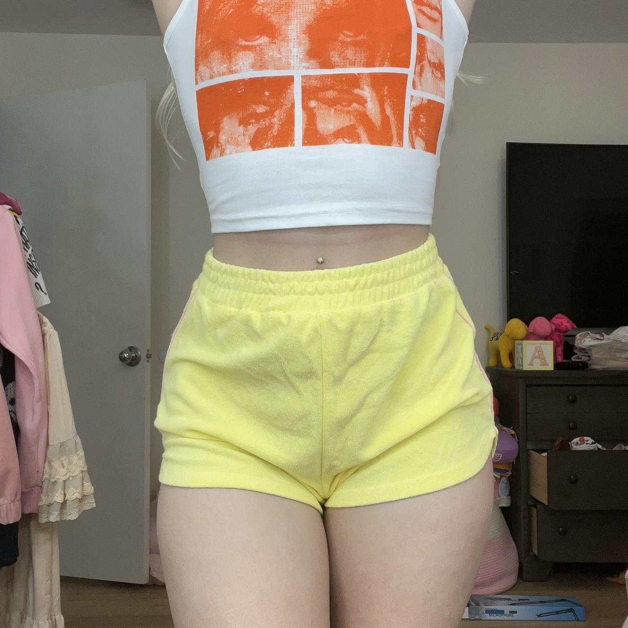 BP Yellow Terry Cloth Shorts with pink stripe down... - Depop