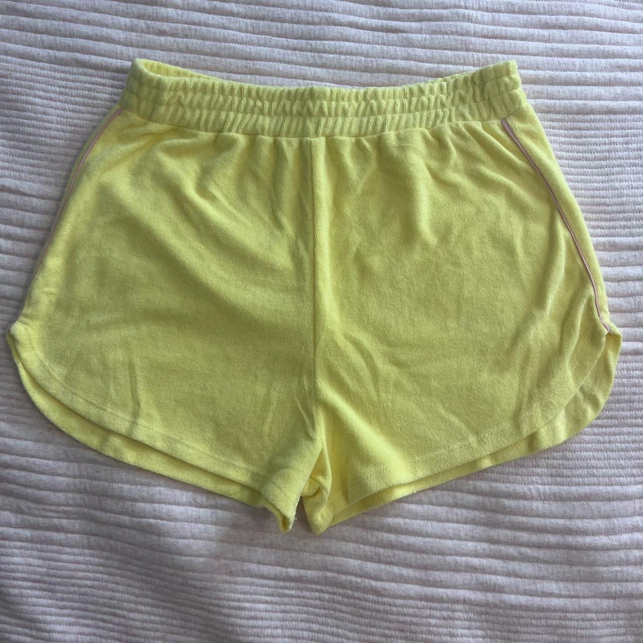 BP Yellow Terry Cloth Shorts with pink stripe down... - Depop