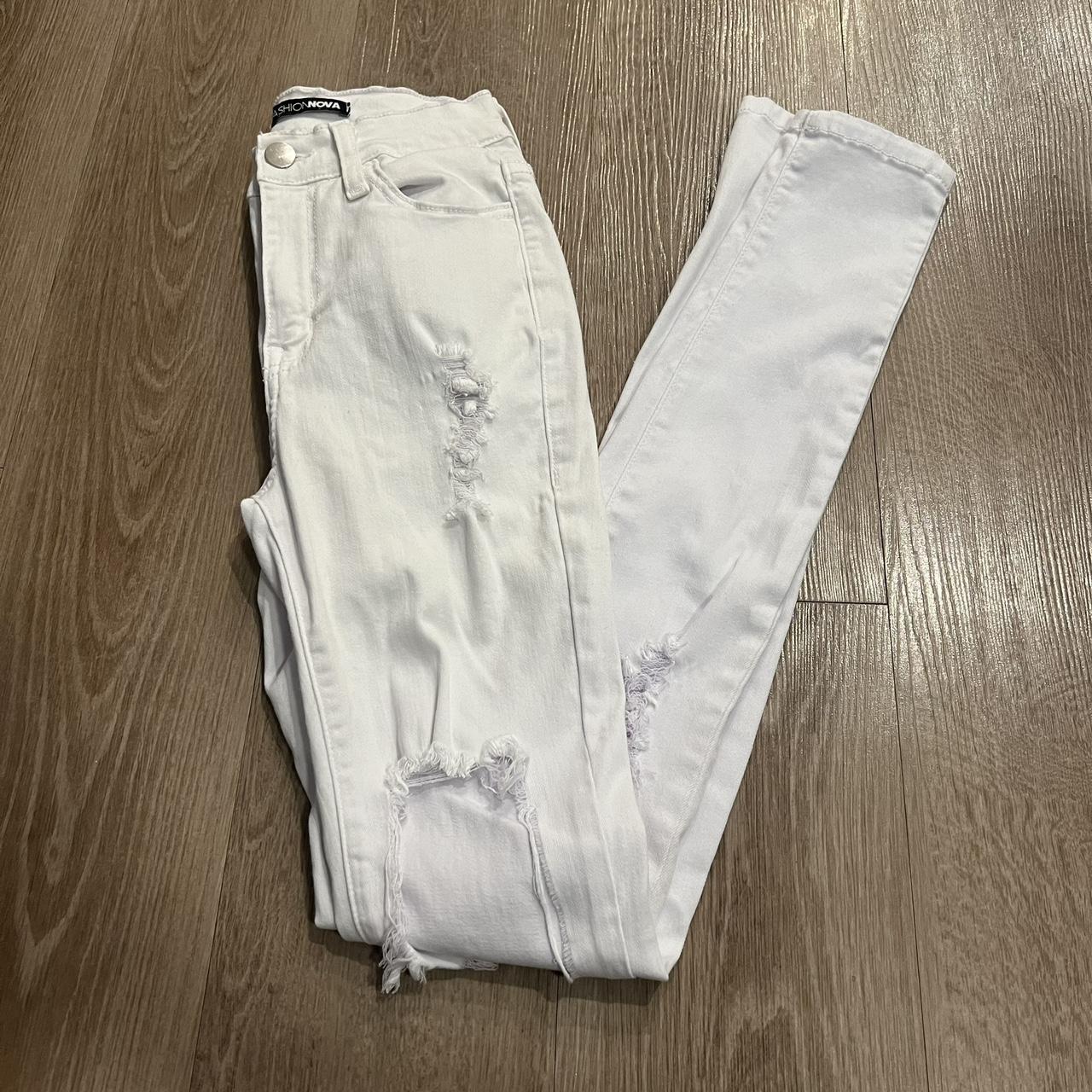 White distressed / ripped skinny jeans with good... | Depop