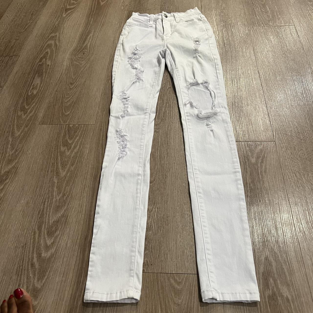 White distressed / ripped skinny jeans with good... - Depop