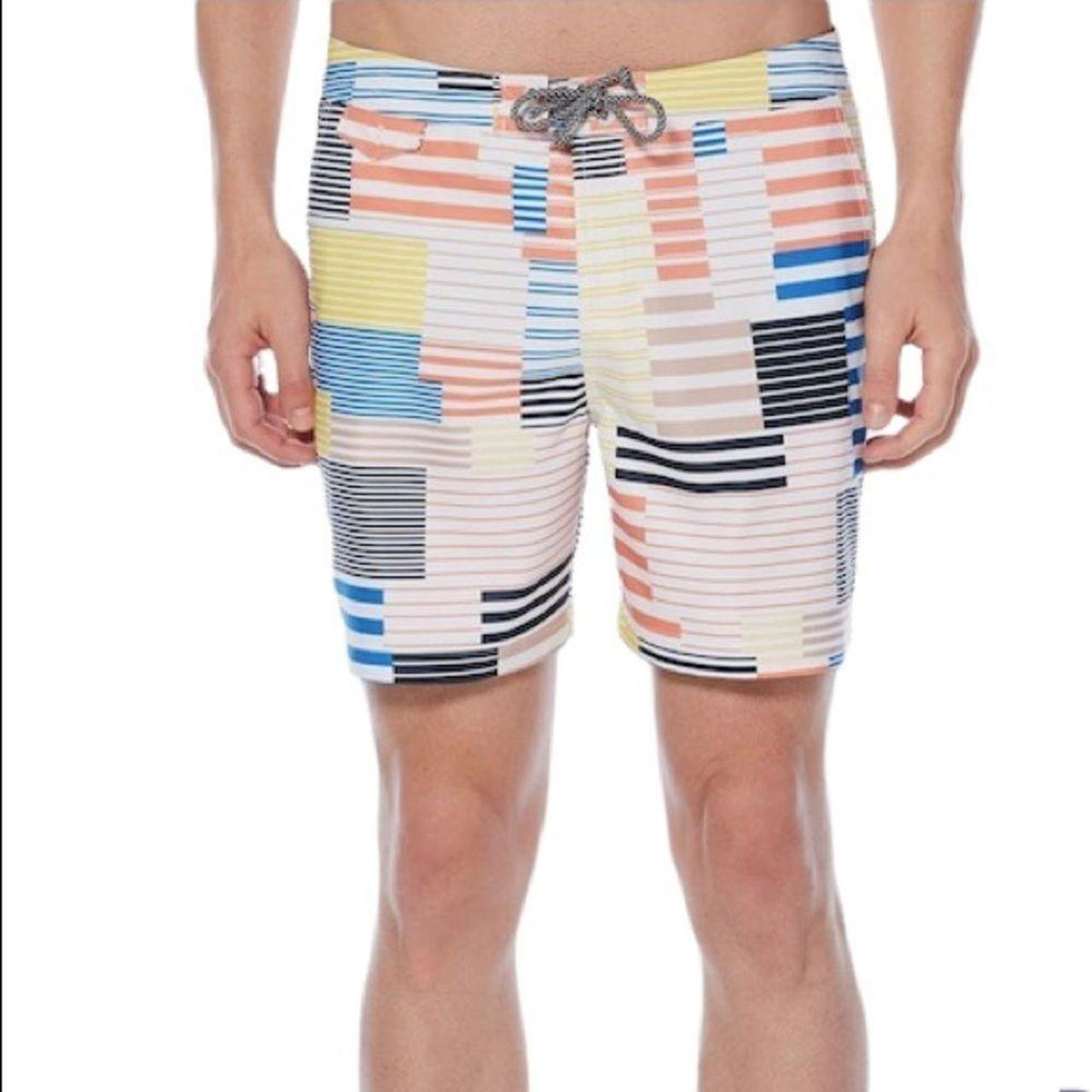 Original Penguin 8-Bit striped swim trunks in Blue... - Depop