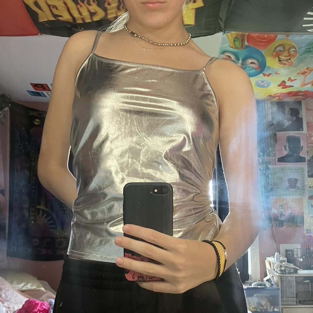 super cute sliver metal tank top y2k space alien... - Depop
