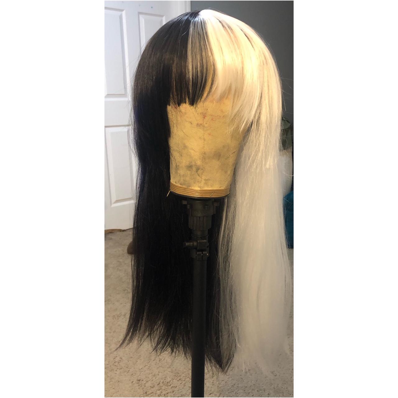 Black and white split dyed wig with bangs Synthetic... - Depop