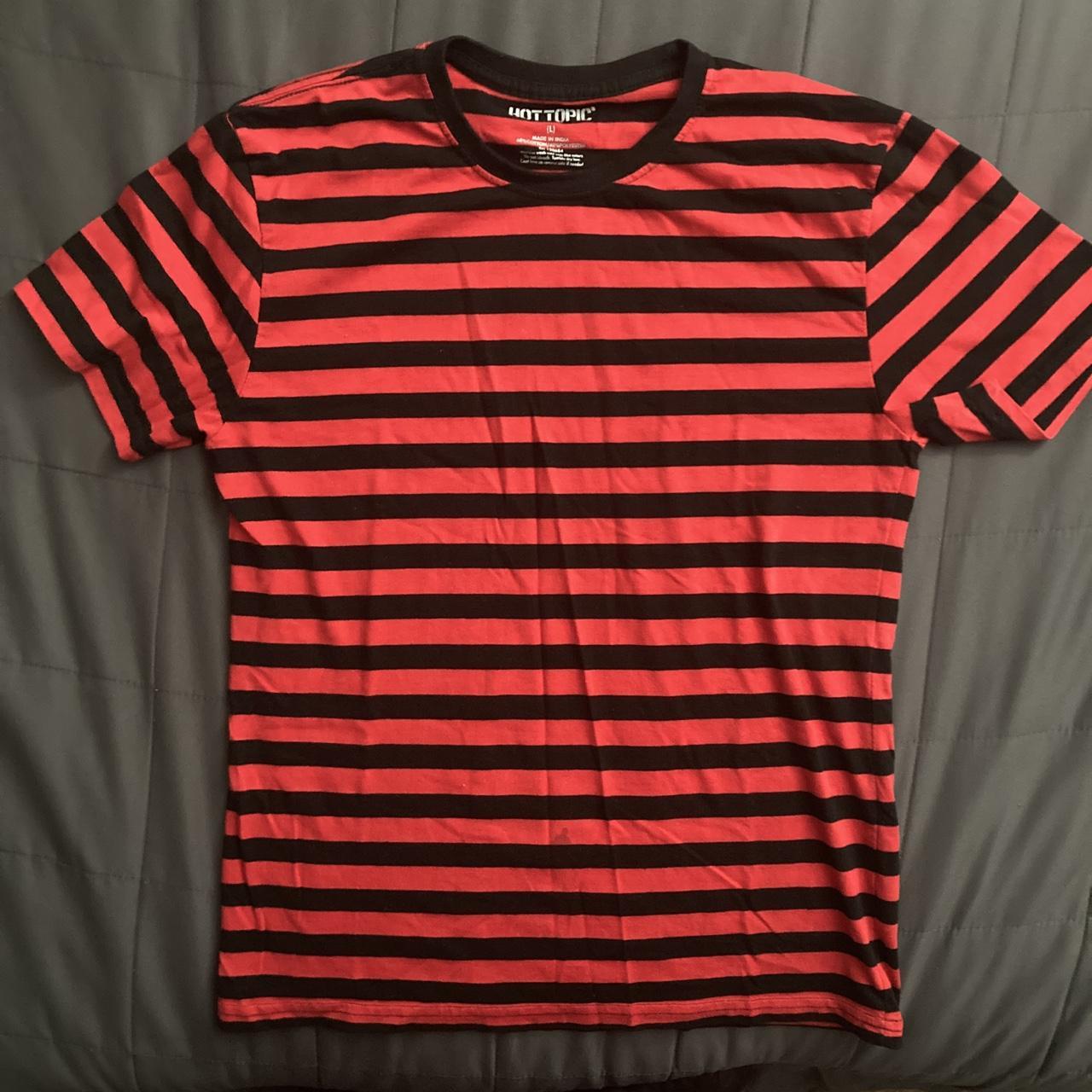 Red & Black Stripe T-Shirt Size: Large in... - Depop