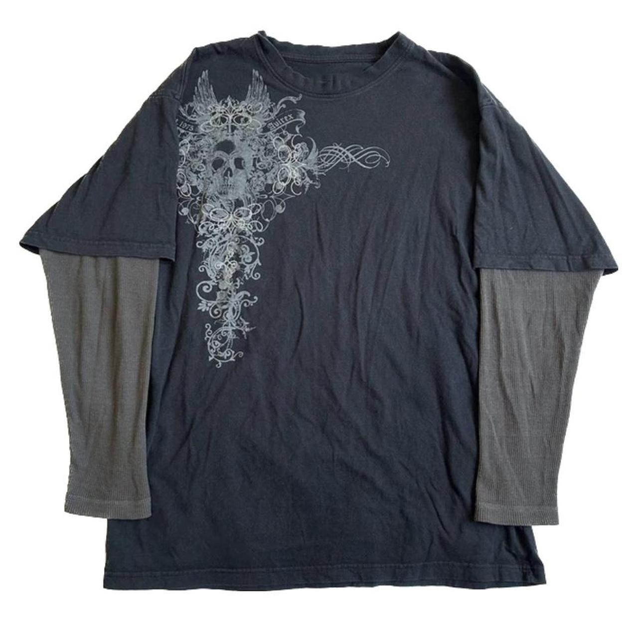 Y2K Abstract Skull Layered Long Sleeve... - Depop