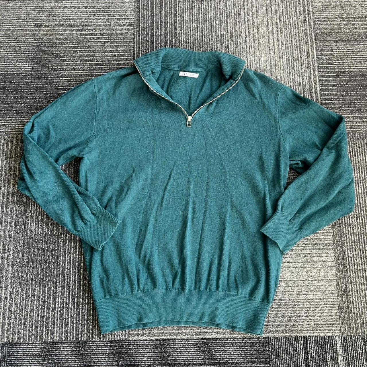 zara zip-up crewneck long sleeve deep aqua... - Depop