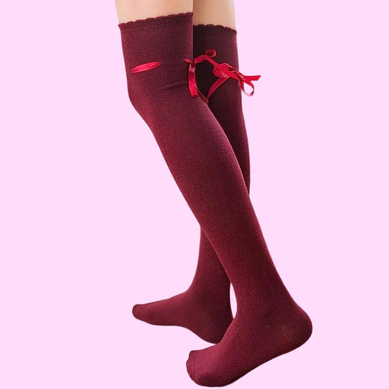 Red & brown kawaii knee-high lolita socks with... - Depop