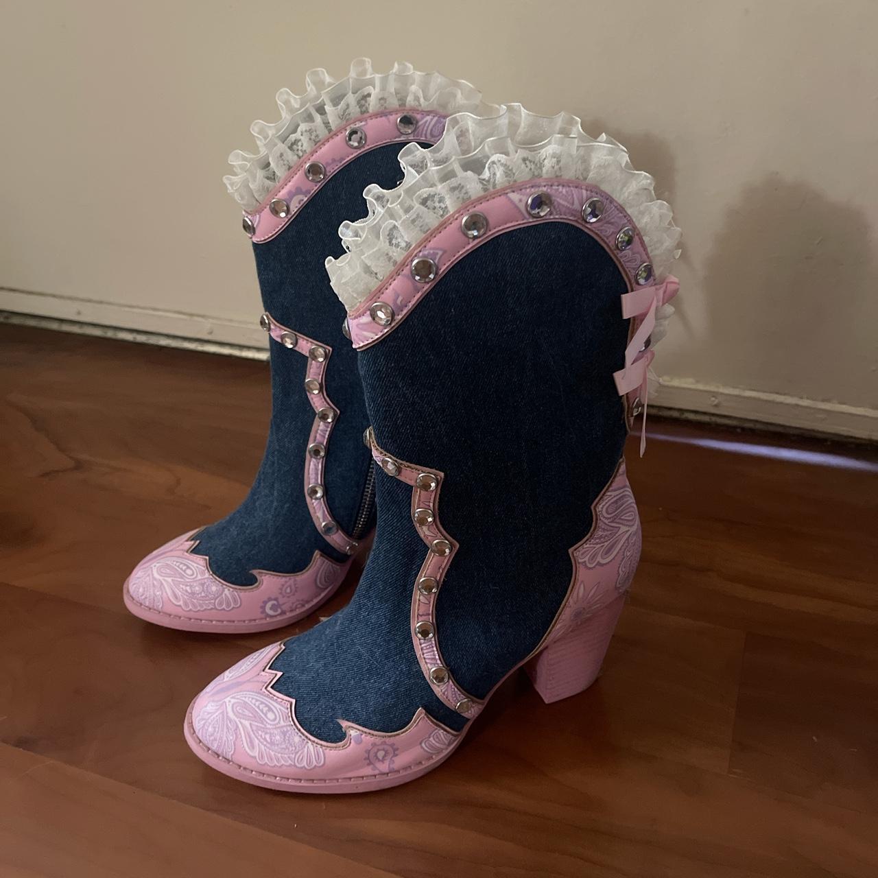 Pink frilly y2k denim girly cowgirl/cowboy boots. 💕... - Depop
