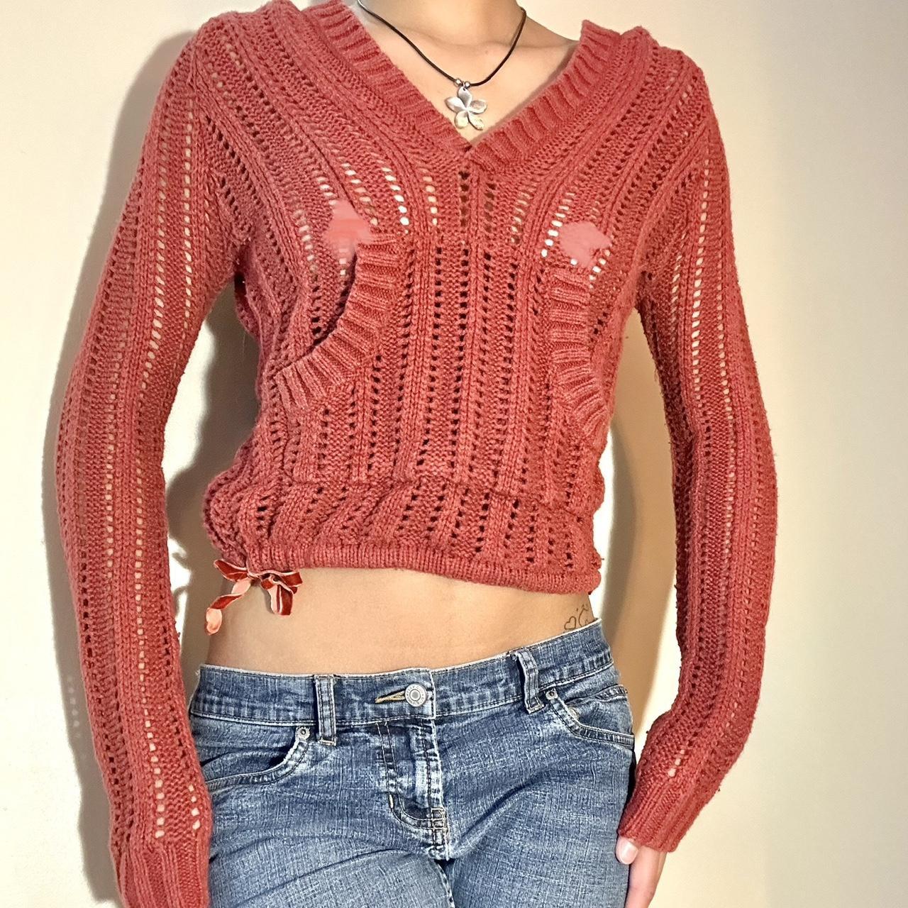 red crochet sweater with pocket and hood the sleeve... - Depop