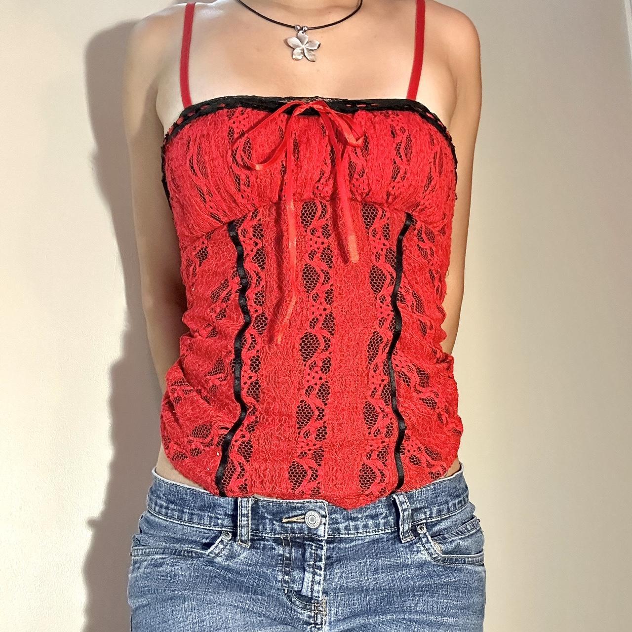 beautiful red lace cami with black lace detailing... - Depop