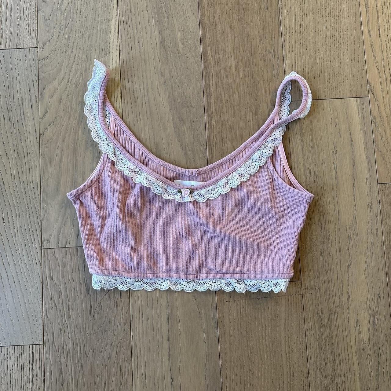 Cute pink crop top with lace trim and rose detail.... - Depop