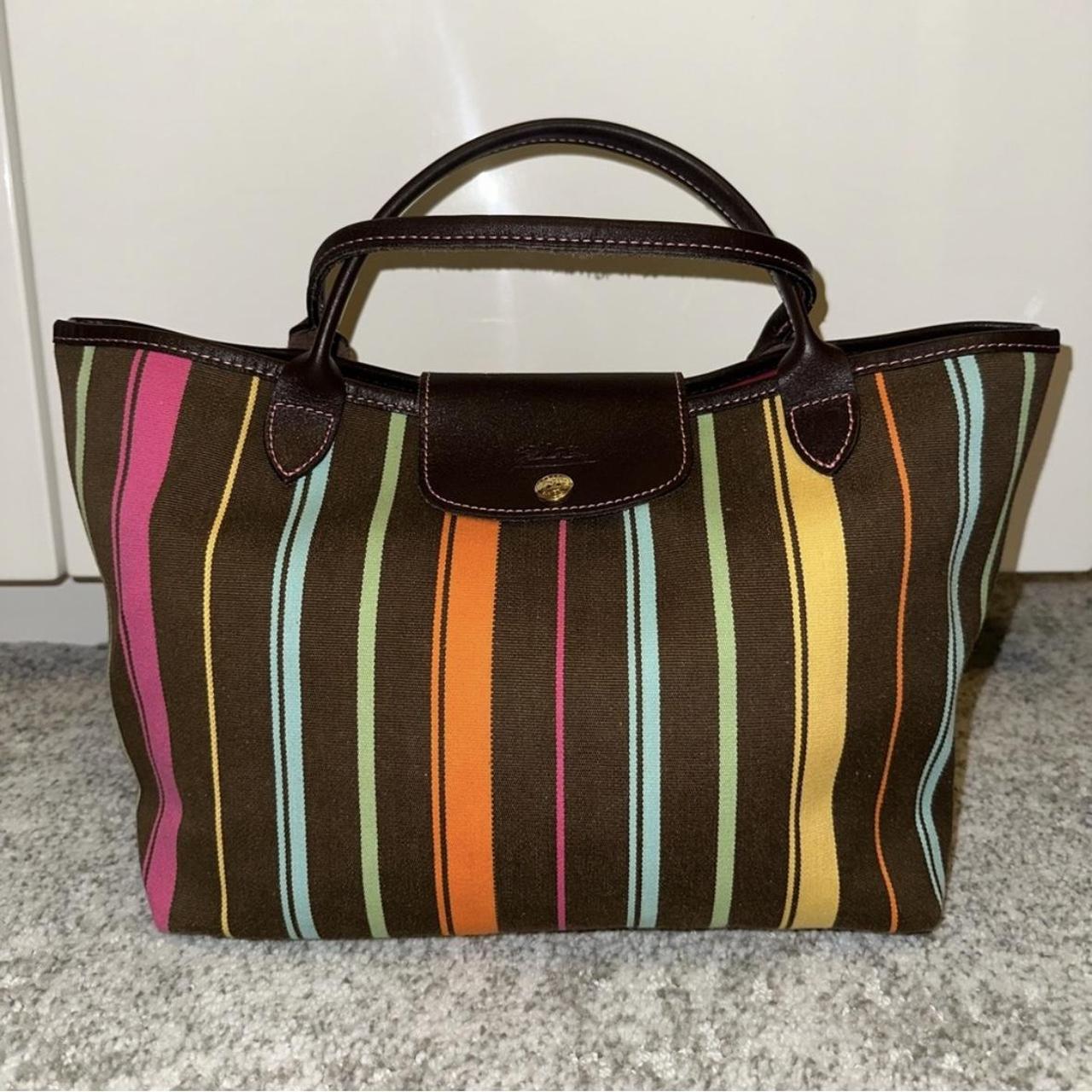 Longchamp Tote Brown with Multi-Color Stripes - Depop