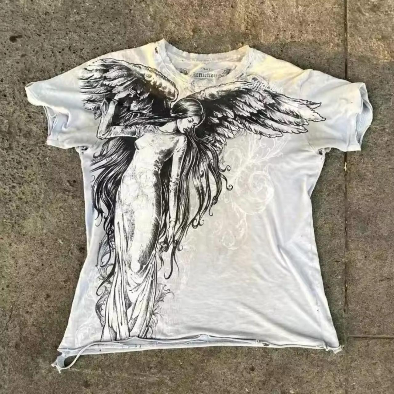 Distressed Affliction angel graphic tee with a... - Depop