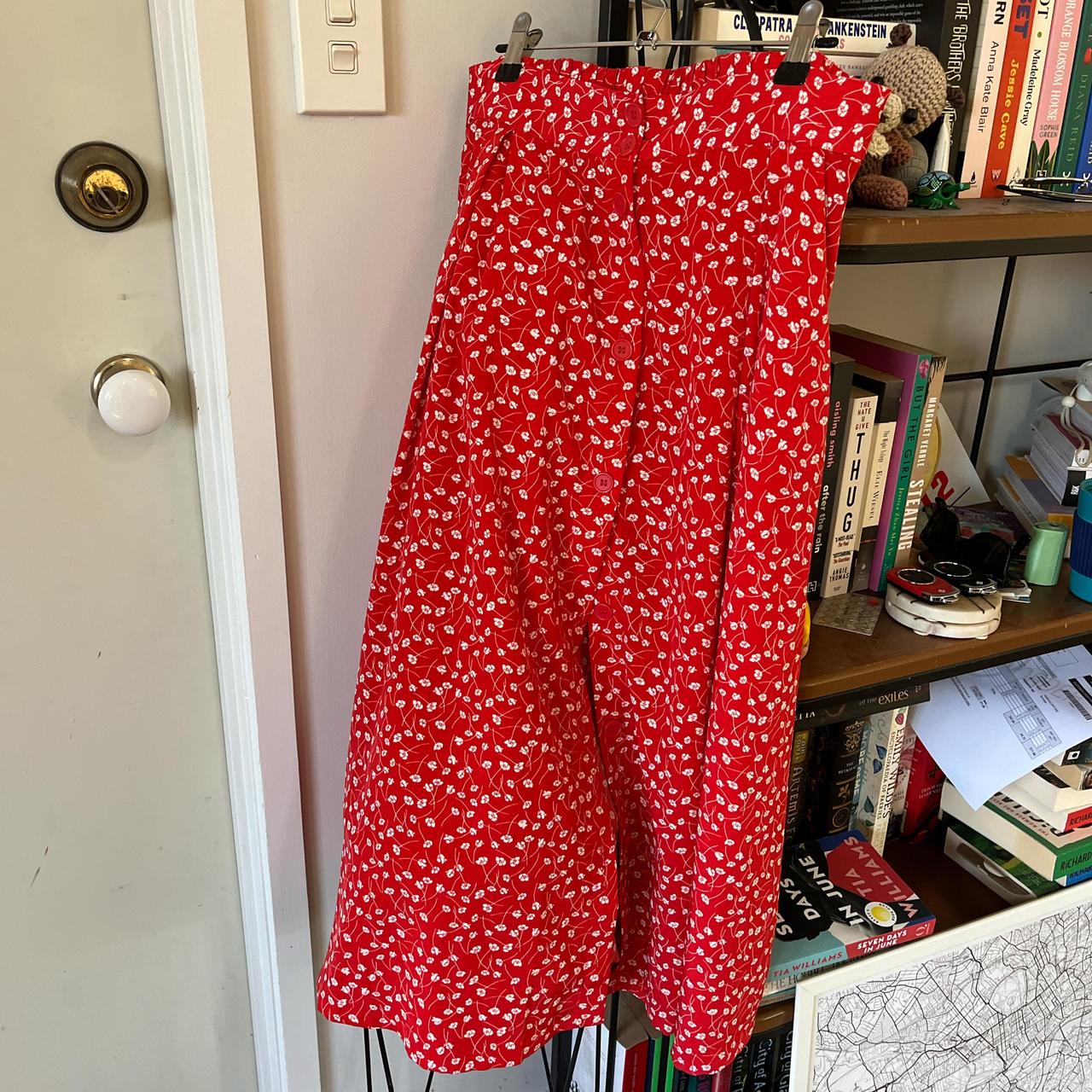 Monki red floral midi skirt size M. Button up front... - Depop